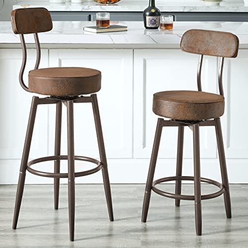 DYH Bar Stools with Back Set of 2, Swivel Kitchen Counter Stools, Industrial Round Barstool Chocolate Brown Bar Chairs, 24 or 29 Inch