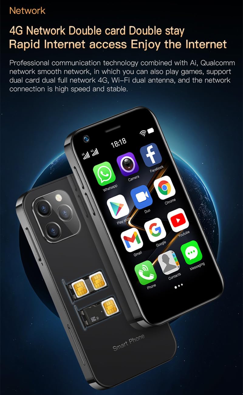 XS12 Pro Super Mini 4G LTE Smartphone 3.0-inch Display 3GB RAM 32GB/64GB ROM 8 Core Android 10.0 Dual SIM 2000mAh 13MP with Google Play Store Backup Small Mobile Phone (Black, 4GB+64GB)