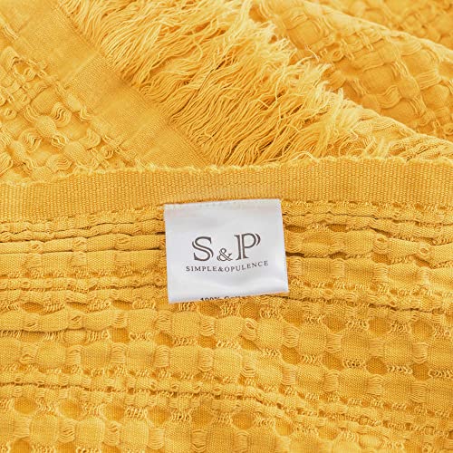Simple&Opulence 100% Cotton Throw Blanket for Couch, Bed, Waffle Weave Knit Blanket with Tassels, Soft Lightweight Pre-Washed Breathable Cozy Blanket Farmhouse Decoration for All-Season (Gold Yellow)