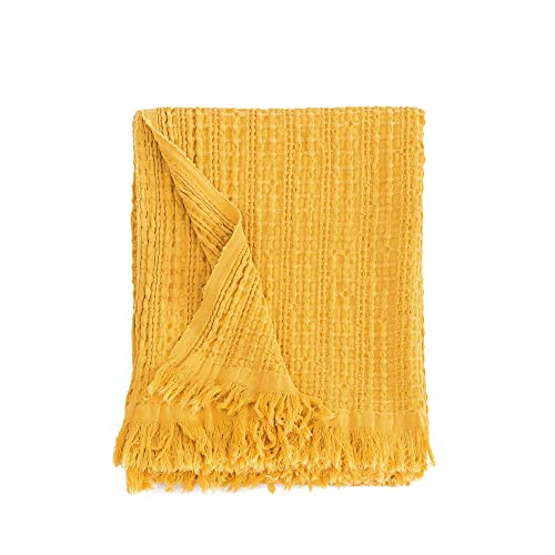 Simple&Opulence 100% Cotton Throw Blanket for Couch, Bed, Waffle Weave Knit Blanket with Tassels, Soft Lightweight Pre-Washed Breathable Cozy Blanket Farmhouse Decoration for All-Season (Gold Yellow)