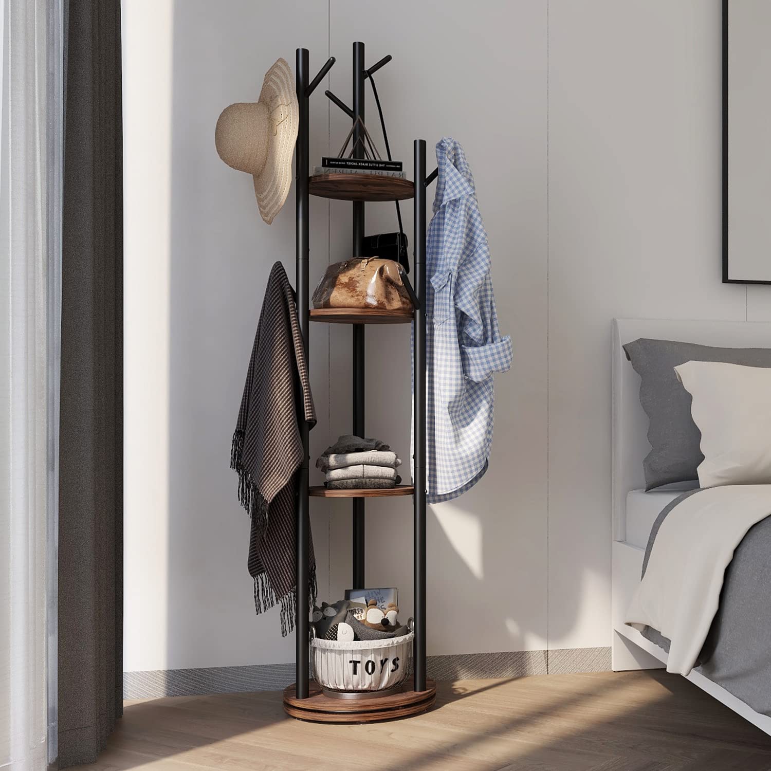 Espelism Rotary Coat Rack Freestanding Metal Coat Hall Tree Stand with 4 Tiers Storage Display Shelf and 9 Hooks for Entryway Bedroom Corner Office Garment Clothes Holder (Brown)