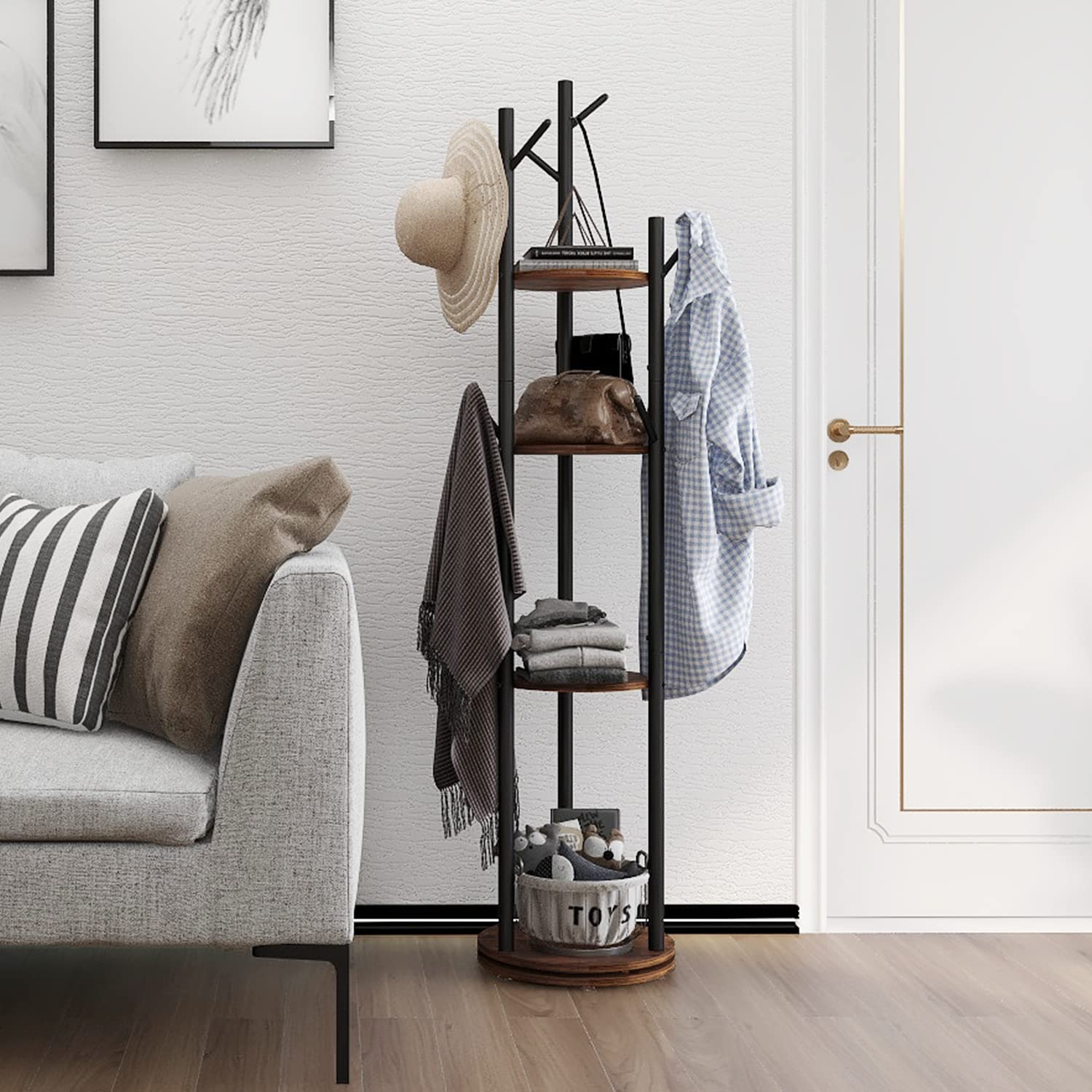 Espelism Rotary Coat Rack Freestanding Metal Coat Hall Tree Stand with 4 Tiers Storage Display Shelf and 9 Hooks for Entryway Bedroom Corner Office Garment Clothes Holder (Brown)