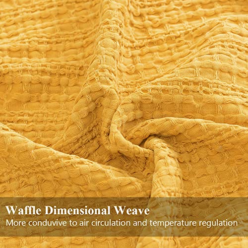Simple&Opulence 100% Cotton Throw Blanket for Couch, Bed, Waffle Weave Knit Blanket with Tassels, Soft Lightweight Pre-Washed Breathable Cozy Blanket Farmhouse Decoration for All-Season (Gold Yellow)
