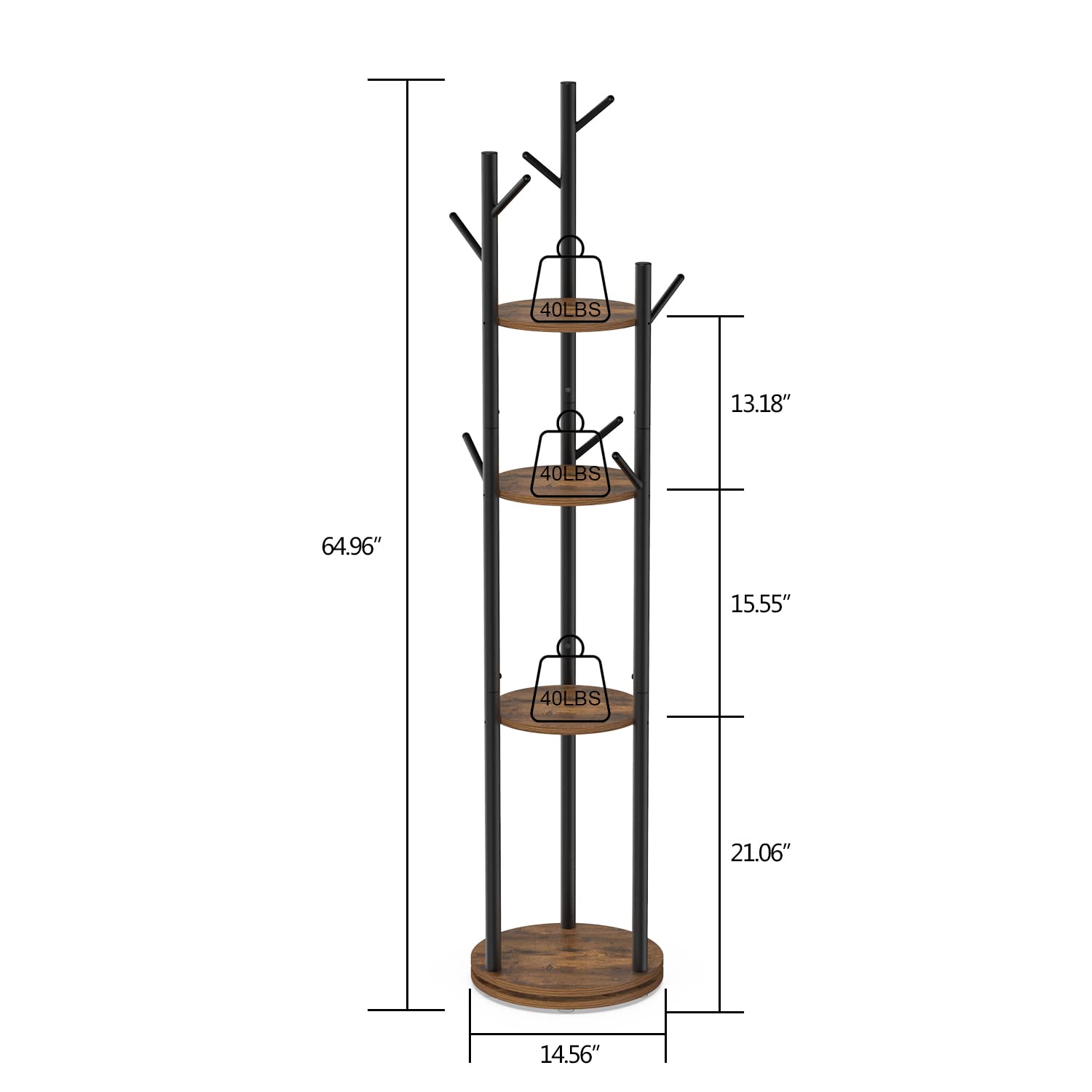 Espelism Rotary Coat Rack Freestanding Metal Coat Hall Tree Stand with 4 Tiers Storage Display Shelf and 9 Hooks for Entryway Bedroom Corner Office Garment Clothes Holder (Brown)