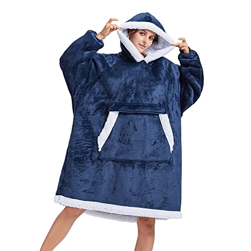 Ashago Wearable Blanket Hoodie for Adult Oversized Sherpa Blanket Sweatshirt Hoodie with Sleeves and Giant Pocket Gifts for Women Men（Blue）