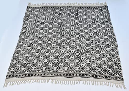 InstyleCraft - Cotton Throw Blanket - Woven Warm Boho Decor Couch Chair Sofa Bed Kitchen Living Room - Block-Printed - Chair Blanket with Tassels for Outdoor Camping Beach Picnic