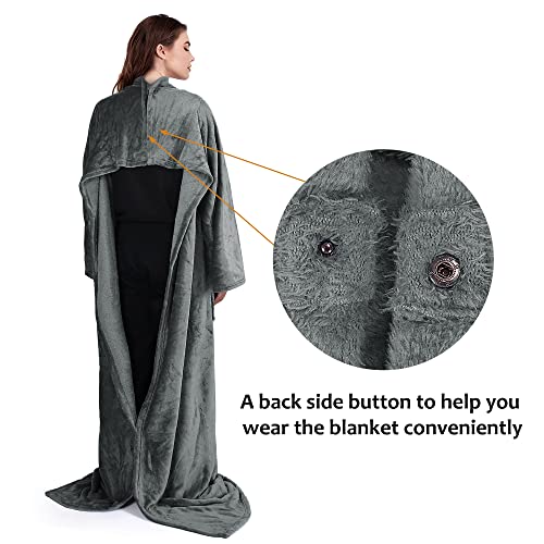 Fleece Wearable Blanket with Sleeves and Kangaroo Pocket for Women Man Adult, Super Soft Warm TV Throw Blanket with Snap Button, Body Wrap Robe Blankets with Arms, Gray
