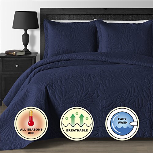 Comfy Bedding Extra Lightweight and Oversized Thermal Pressing Leafage 3-Piece Coverlet Set (Full/Queen, Navy Blue)