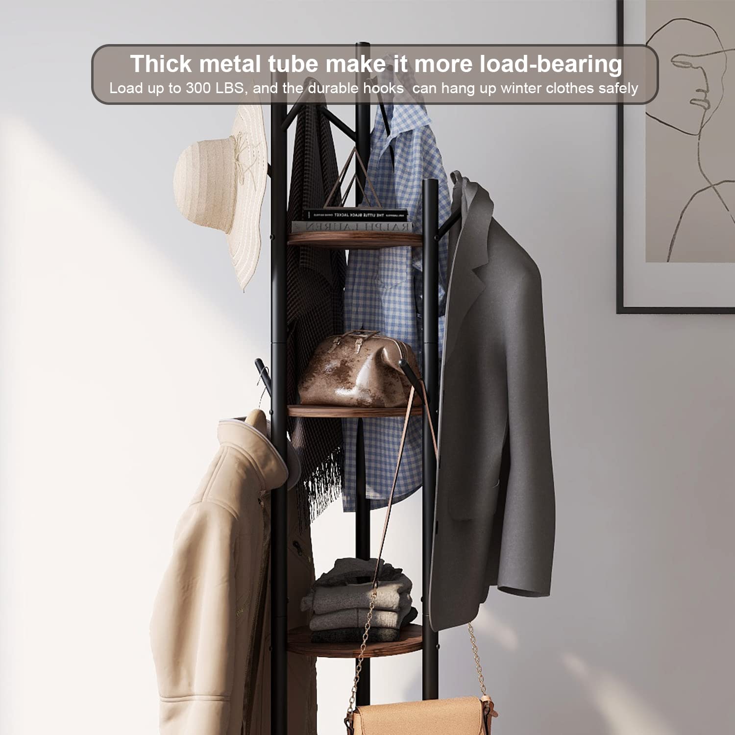 Espelism Rotary Coat Rack Freestanding Metal Coat Hall Tree Stand with 4 Tiers Storage Display Shelf and 9 Hooks for Entryway Bedroom Corner Office Garment Clothes Holder (Brown)