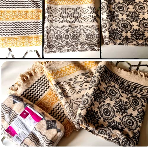 InstyleCraft - Cotton Throw Blanket - Woven Warm Boho Decor Couch Chair Sofa Bed Kitchen Living Room - Block-Printed - Chair Blanket with Tassels for Outdoor Camping Beach Picnic