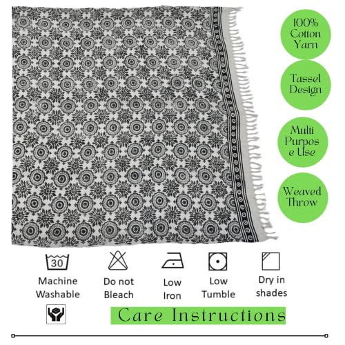 InstyleCraft - Cotton Throw Blanket - Woven Warm Boho Decor Couch Chair Sofa Bed Kitchen Living Room - Block-Printed - Chair Blanket with Tassels for Outdoor Camping Beach Picnic