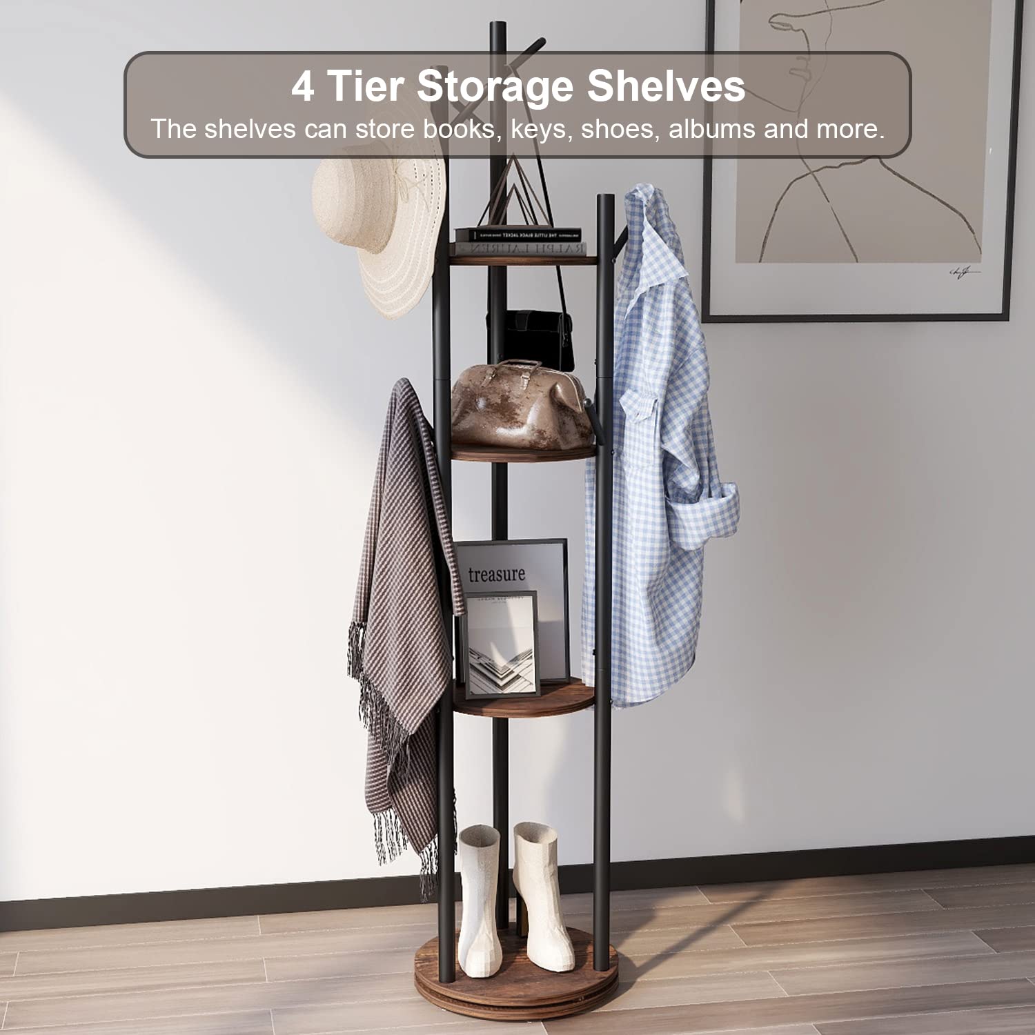 Espelism Rotary Coat Rack Freestanding Metal Coat Hall Tree Stand with 4 Tiers Storage Display Shelf and 9 Hooks for Entryway Bedroom Corner Office Garment Clothes Holder (Brown)