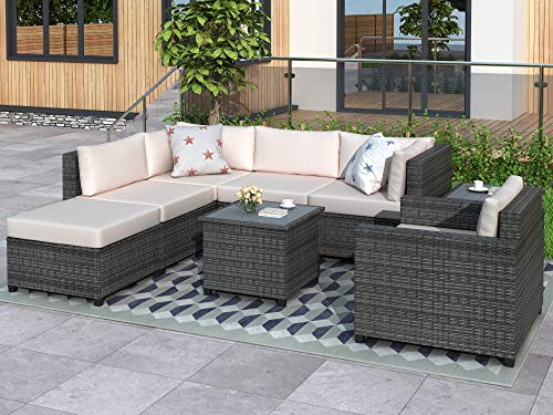 ELOMBR 8 Pieces Outdoor Sectional Sofa, Wicker Patio Furniture Sets, PE Rattan Patio Conversation Sets with Cushions and Wood Table, Grey & Beige