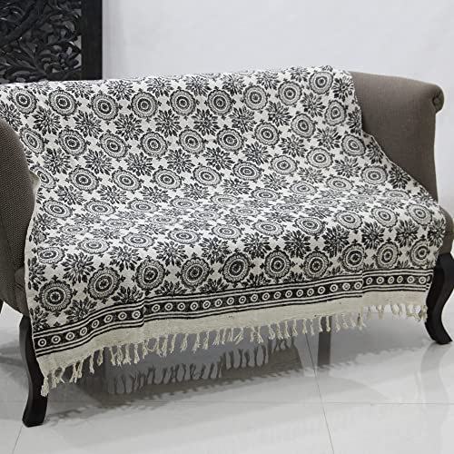 InstyleCraft - Cotton Throw Blanket - Woven Warm Boho Decor Couch Chair Sofa Bed Kitchen Living Room - Block-Printed - Chair Blanket with Tassels for Outdoor Camping Beach Picnic