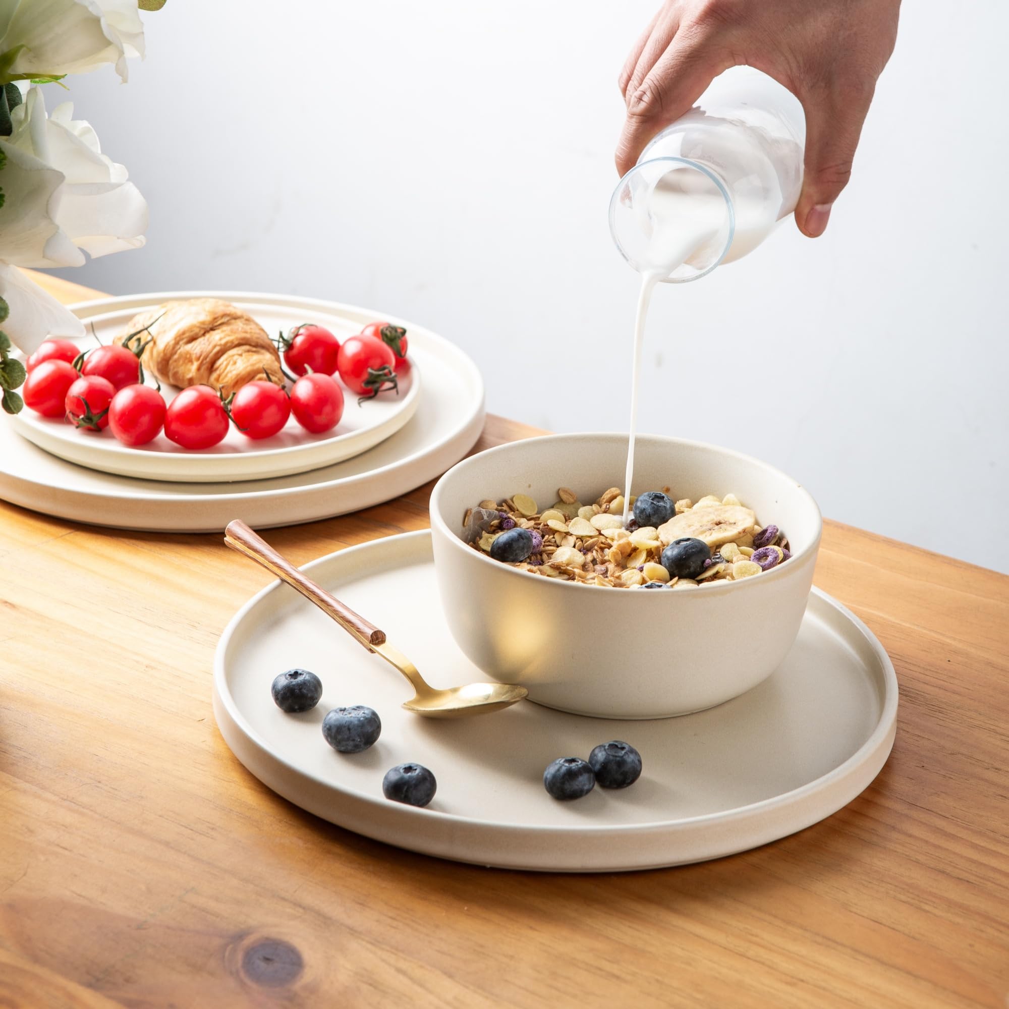 AmorArc Ceramic Dinner Salad Plates Set of 4, 8.0 Inch Reactive Matte Glaze Dish Set, Dessert,Salad, Appetizer, Small Dinner Plate,Microwave, Dishwasher Safe, Scratch Resistant, Ivory