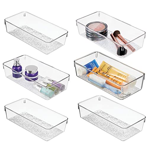 mDesign Plastic Drawer Organizer Storage Tray for Bathroom Vanity, Countertop, Cabinet - Holds Makeup Brushes, Eyeliner, Lip Pencils, Hair Accessories - Textured Base, 6" Wide, 6 Pack - Clear