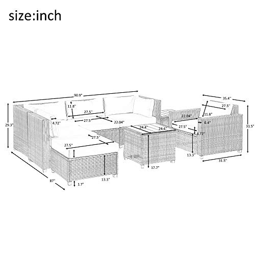 ELOMBR 8 Pieces Outdoor Sectional Sofa, Wicker Patio Furniture Sets, PE Rattan Patio Conversation Sets with Cushions and Wood Table, Grey & Beige