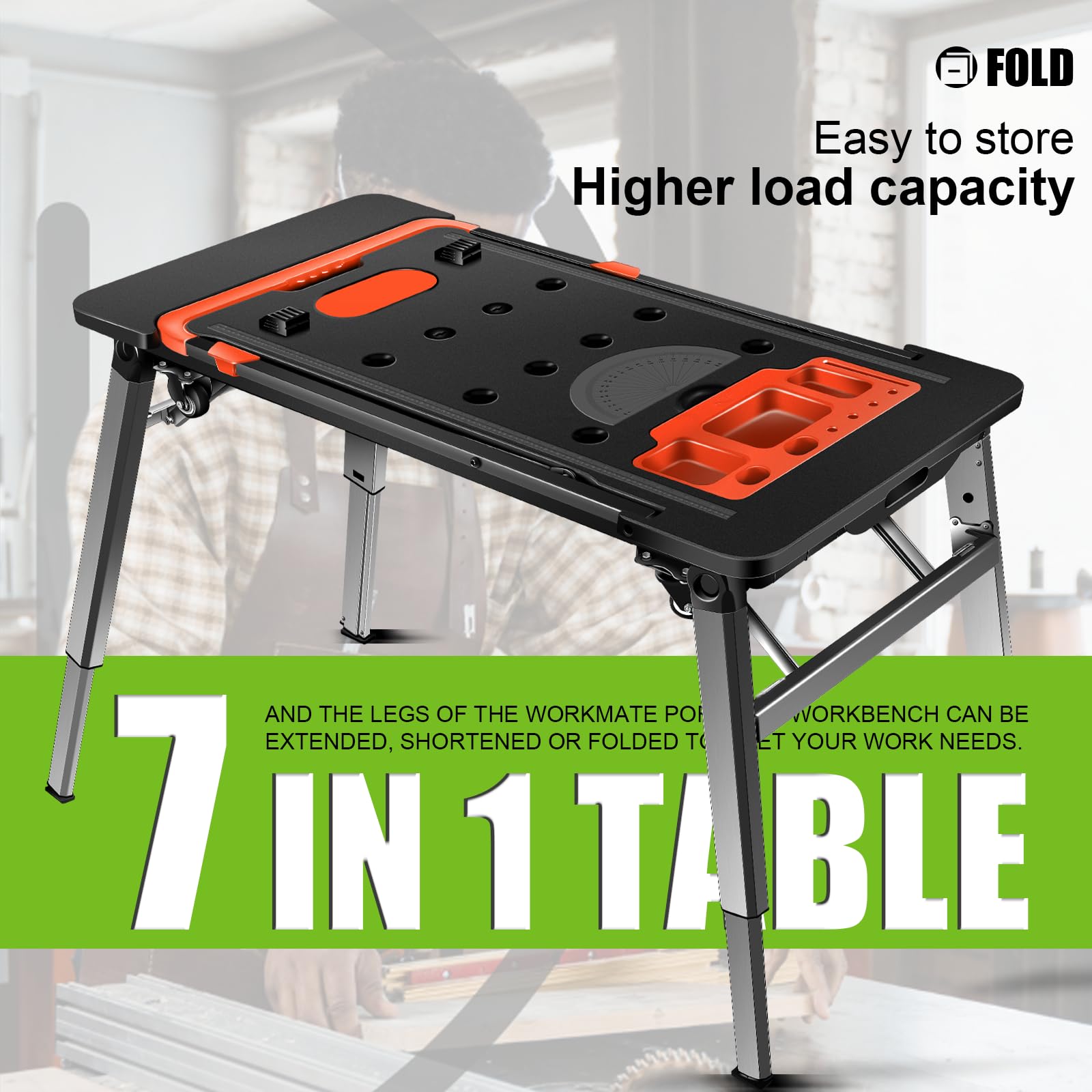Evcitn Portable Workbench,7-in-1 Work Benches for Garage,45”Folding Work Table,Used as Car Creeper,Sawhorse,Platform,Scaffold,Hand Truck with 4 Wheels,550lbs Load Capacity