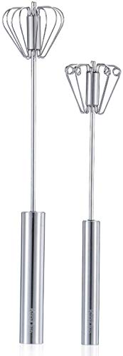 KSENDALO Push Whisk Set(12inch & 14inch) Stainless Steel Easy Whisk for Mixing Milk and Other Liquids, Automatic Whisk Push Saves Much Energy, Silver