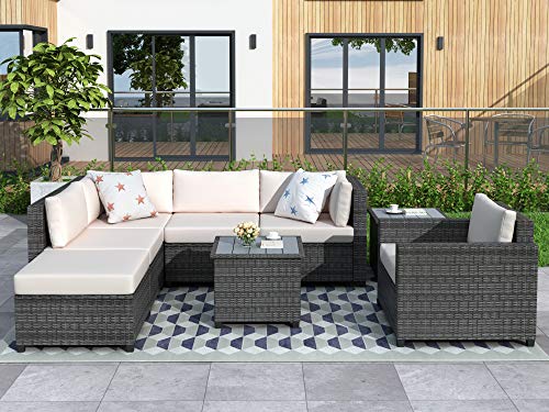 ELOMBR 8 Pieces Outdoor Sectional Sofa, Wicker Patio Furniture Sets, PE Rattan Patio Conversation Sets with Cushions and Wood Table, Grey & Beige