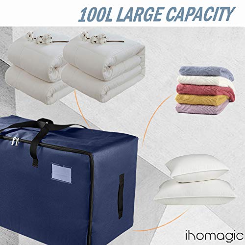 IHOMAGIC Extra Large Storage Bag with Carry Handles, Heavy Duty Storage Containers Clothes Organizers with Sturdy Polyester Fabric, Water Resistant Moving Bag for Bedding, House Moving ,Navy Blue, L