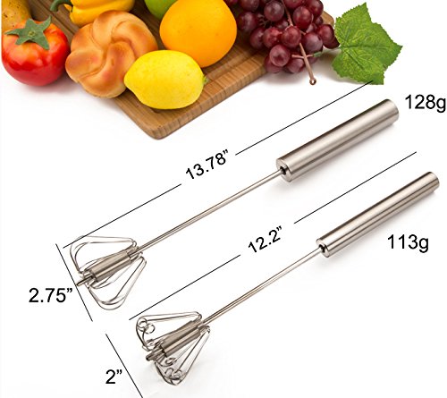 KSENDALO Push Whisk Set(12inch & 14inch) Stainless Steel Easy Whisk for Mixing Milk and Other Liquids, Automatic Whisk Push Saves Much Energy, Silver