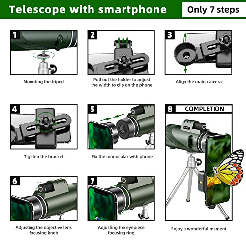 JLHT 40X60 Monocular Telescope High Power Monocular for Adults with Phone Adapter& Tripod& Hand Strap Low Night Vision Monocular Equipped with BAK4 Prism for Bird Watching Hunting Traveling Concert