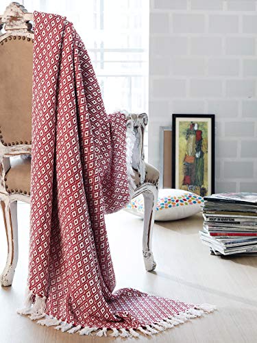 Throw Blanket With Fringes in Mini Diamond Design 50x60 Inch -Red White, Cotton Throw For Sofa, Chair, Bed, & Everyday Use, Well crafted for durability, Farmhouse Throw,All Season Throw Blanket