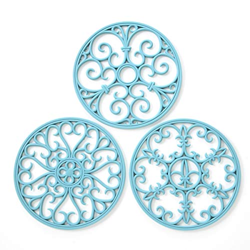 Silicone Trivet Mat - Non-Slip & Heat Resistant Kitchen Hot Pads for Countertops & Table - Kitchen Trivets for Hot Dishes & Cookware - Hot Pot Holder for Pots & Pans - Turquoise,Set of 3