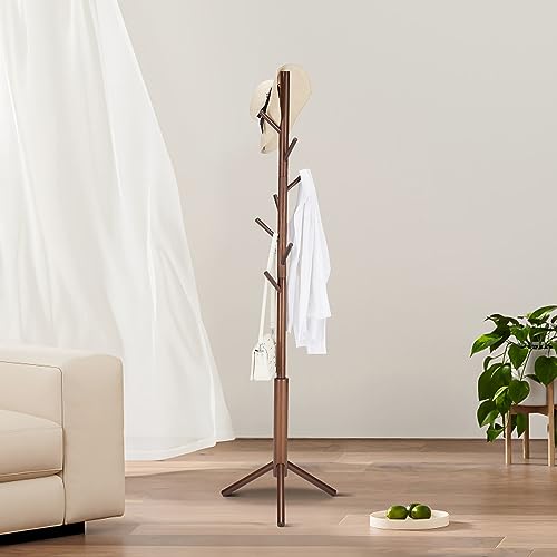 Azaeahom Coat Rack Freestanding with 8 Hooks 3 Adjustable Height Coat Racks Stand Clothing Hanger Stand Wooden Coat Tree Easy Assembly for Entryway, Bedroom, Hallway, Dormitory,Office Cherry
