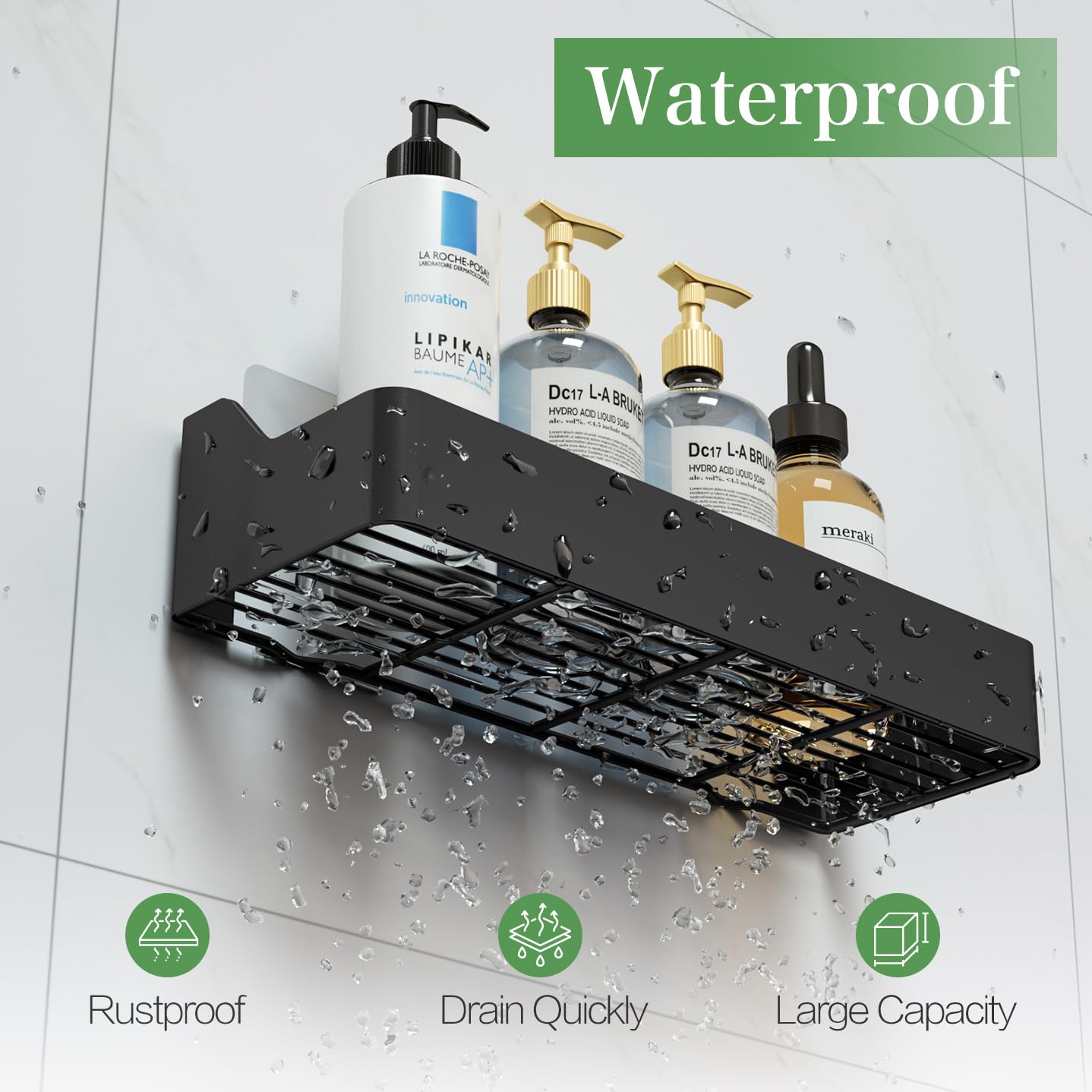 KAPENS Shower Caddy 2-Pack, Adhesive Shower Organizer, No Drilling, Rustproof Stainless Steel Bathroom Shower Shelves with Large Capacity, Shower Shelf for Inside Shower, Black