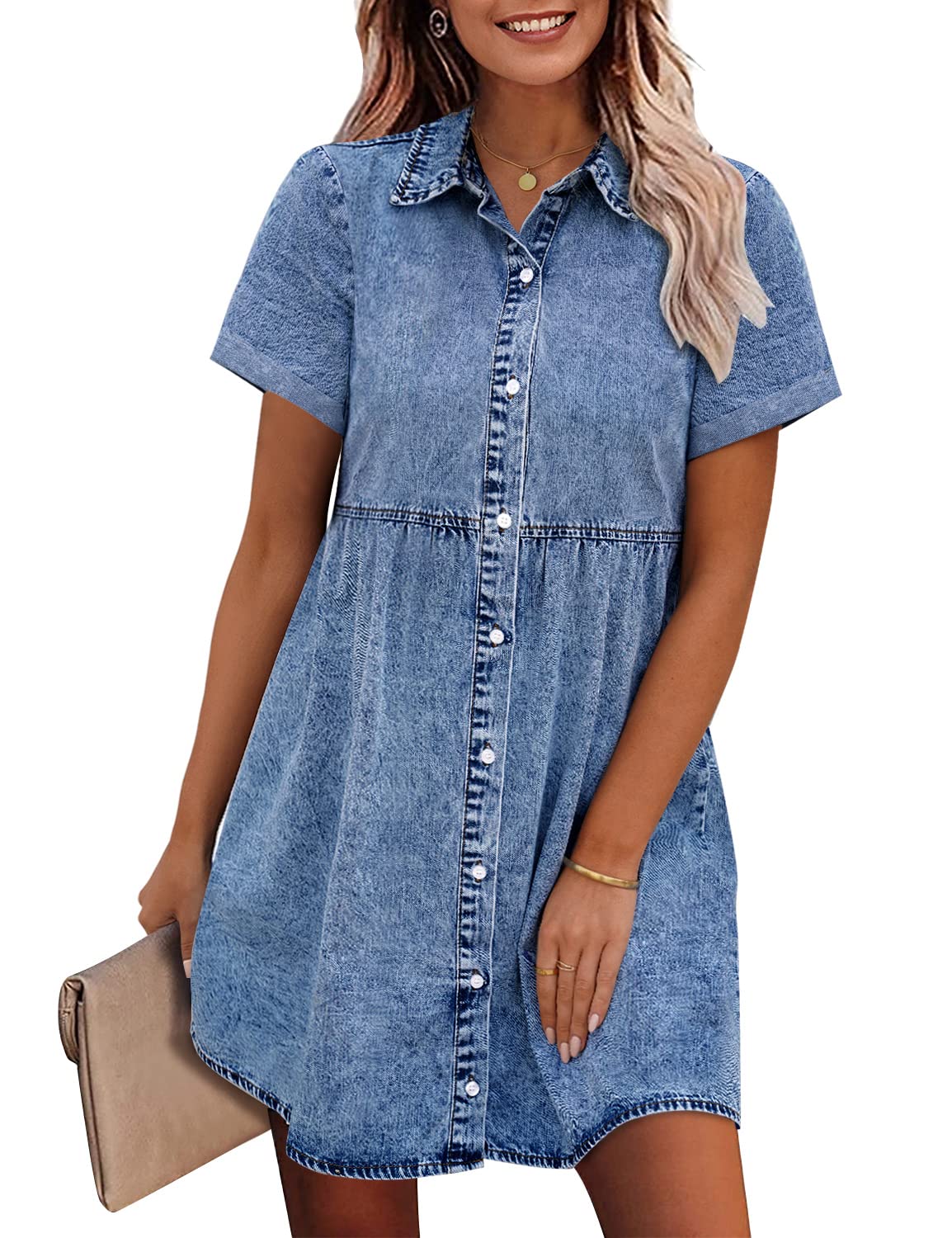 GRAPENT Women’s Swing Dress for Women Button Down Swing Dress for Women Swing Shirt Dress for Women Swing Short Dress for Women Reef Blue Size Large Size 12 Size 14