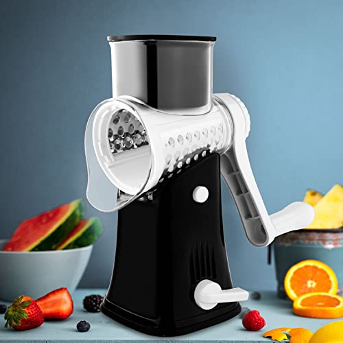 VEKAYA 5 in 1 Rotary Cheese Grater with Handle [5 Interchangeable Stainless Steel Blades] Cheese Shredder Food Vegetable Grader Hand Crank Grater for Kitchen with Bonus Storage Box for Blades - Black