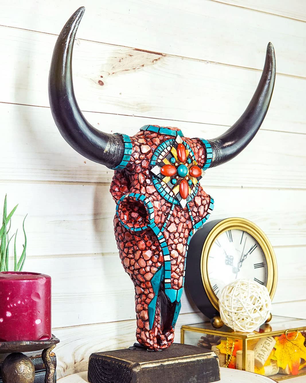 Ebros Gift 18" High Large Western Southwest Steer Bison Buffalo Bull Cow Skull Head with Red Fire Stones Turquoise Beads and Cross Design Desktop Sculpture Native Indian Sacred Skulls