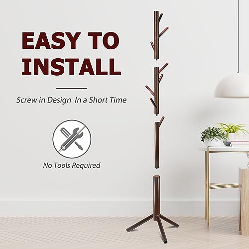 Azaeahom Coat Rack Freestanding with 8 Hooks 3 Adjustable Height Coat Racks Stand Clothing Hanger Stand Wooden Coat Tree Easy Assembly for Entryway, Bedroom, Hallway, Dormitory,Office Cherry