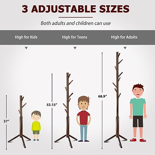 Azaeahom Coat Rack Freestanding with 8 Hooks 3 Adjustable Height Coat Racks Stand Clothing Hanger Stand Wooden Coat Tree Easy Assembly for Entryway, Bedroom, Hallway, Dormitory,Office Cherry