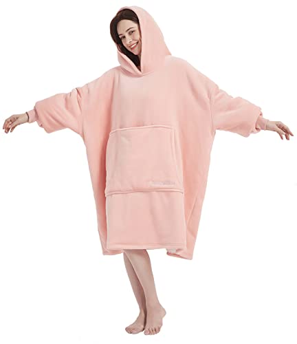 Beauty Shine Oversized Wearable Blanket Hoodie with Zipper, Women and Men Sherpa Blanket, Kangaroo Pocket, Pullover for Adults Fits All(Soft Pink,Original)