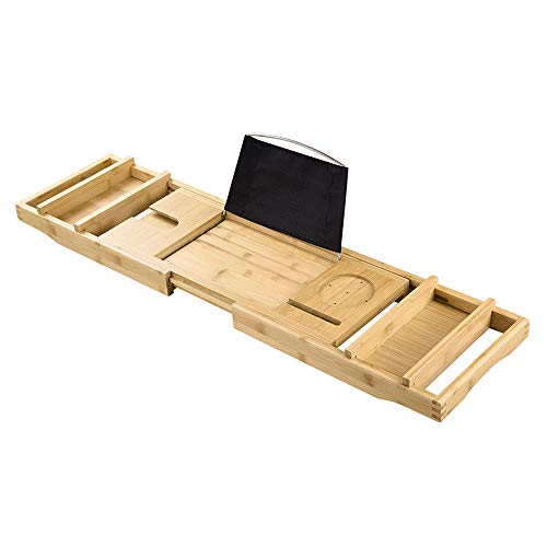 Bamboo Bathtub Caddy Tray, Compact Bathtub Table with Free Soap Dish, Serving Tray Organizer Phone Tablet Holder, Bamboo Organizer Tray for Bathroom, Suitable for Luxury Spa or Reading