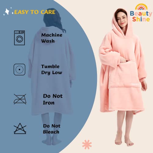Beauty Shine Oversized Wearable Blanket Hoodie with Zipper, Women and Men Sherpa Blanket, Kangaroo Pocket, Pullover for Adults Fits All(Soft Pink,Original)