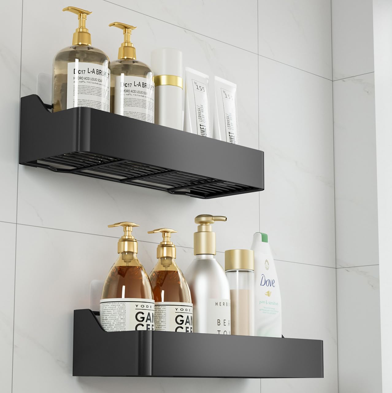 KAPENS Shower Caddy 2-Pack, Adhesive Shower Organizer, No Drilling, Rustproof Stainless Steel Bathroom Shower Shelves with Large Capacity, Shower Shelf for Inside Shower, Black