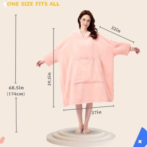 Beauty Shine Oversized Wearable Blanket Hoodie with Zipper, Women and Men Sherpa Blanket, Kangaroo Pocket, Pullover for Adults Fits All(Soft Pink,Original)