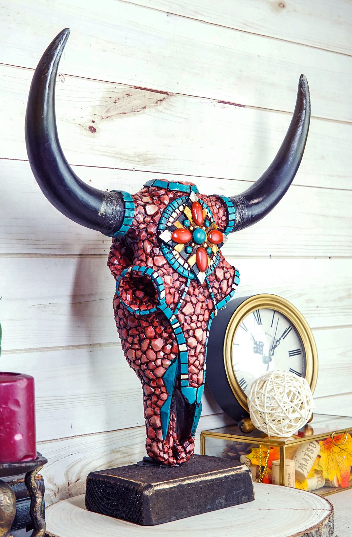 Ebros Gift 18" High Large Western Southwest Steer Bison Buffalo Bull Cow Skull Head with Red Fire Stones Turquoise Beads and Cross Design Desktop Sculpture Native Indian Sacred Skulls