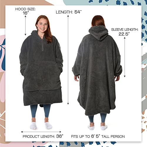 Tenby Wearable Blanket for Women and Men, Oversized One Size Fits All Blanket Hoodie Sweatshirt with Front Pocket, Cozy Indoor Outdoor Foldable Portable Sherpa with Handle and Trolley Straps, Gray