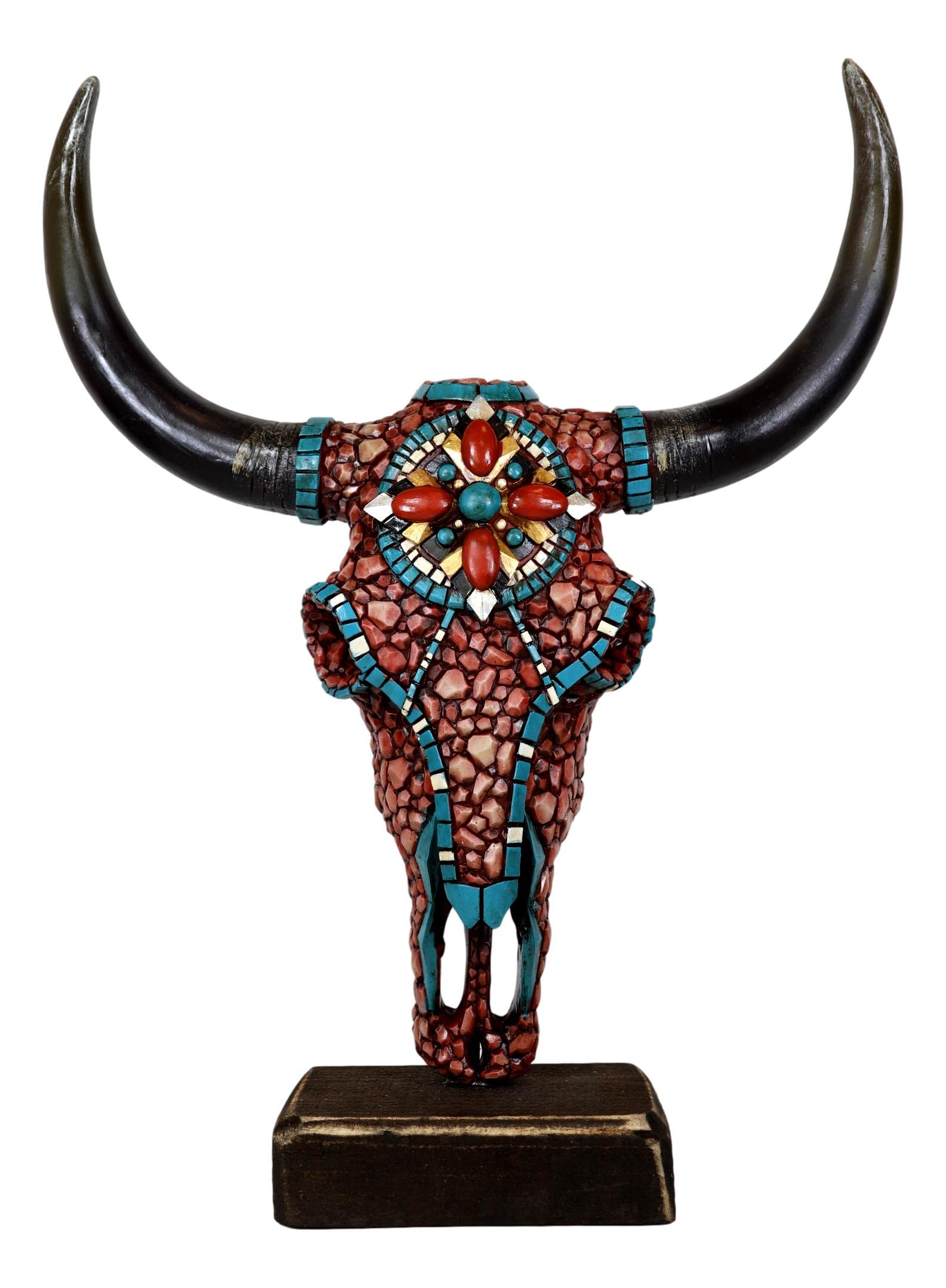 Ebros Gift 18" High Large Western Southwest Steer Bison Buffalo Bull Cow Skull Head with Red Fire Stones Turquoise Beads and Cross Design Desktop Sculpture Native Indian Sacred Skulls
