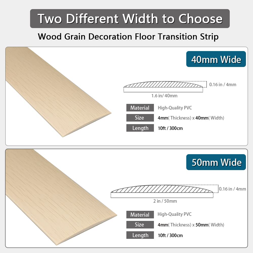 Floor Transition Strip 2" Self Adhesive Flat Vinyl Flooring Transitions Strip with Strong Backing Wood Grain (5cm, 10FT, Maple Wood Grain)