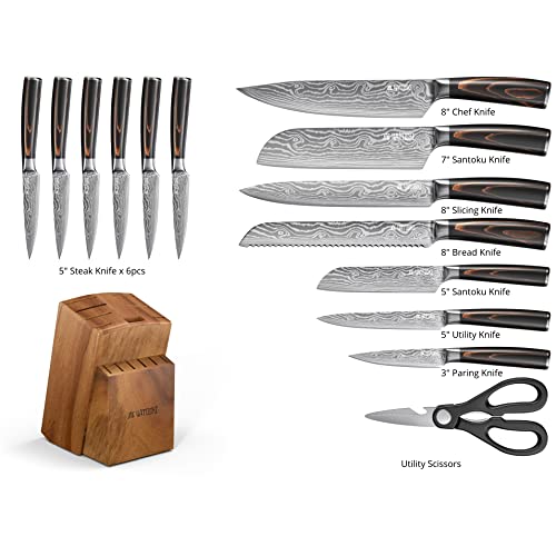 Yatoshi 13 Knife Block Set - Pro Kitchen Knife Set Ultra Sharp High Carbon Stainless Steel with Ergonomic Handle