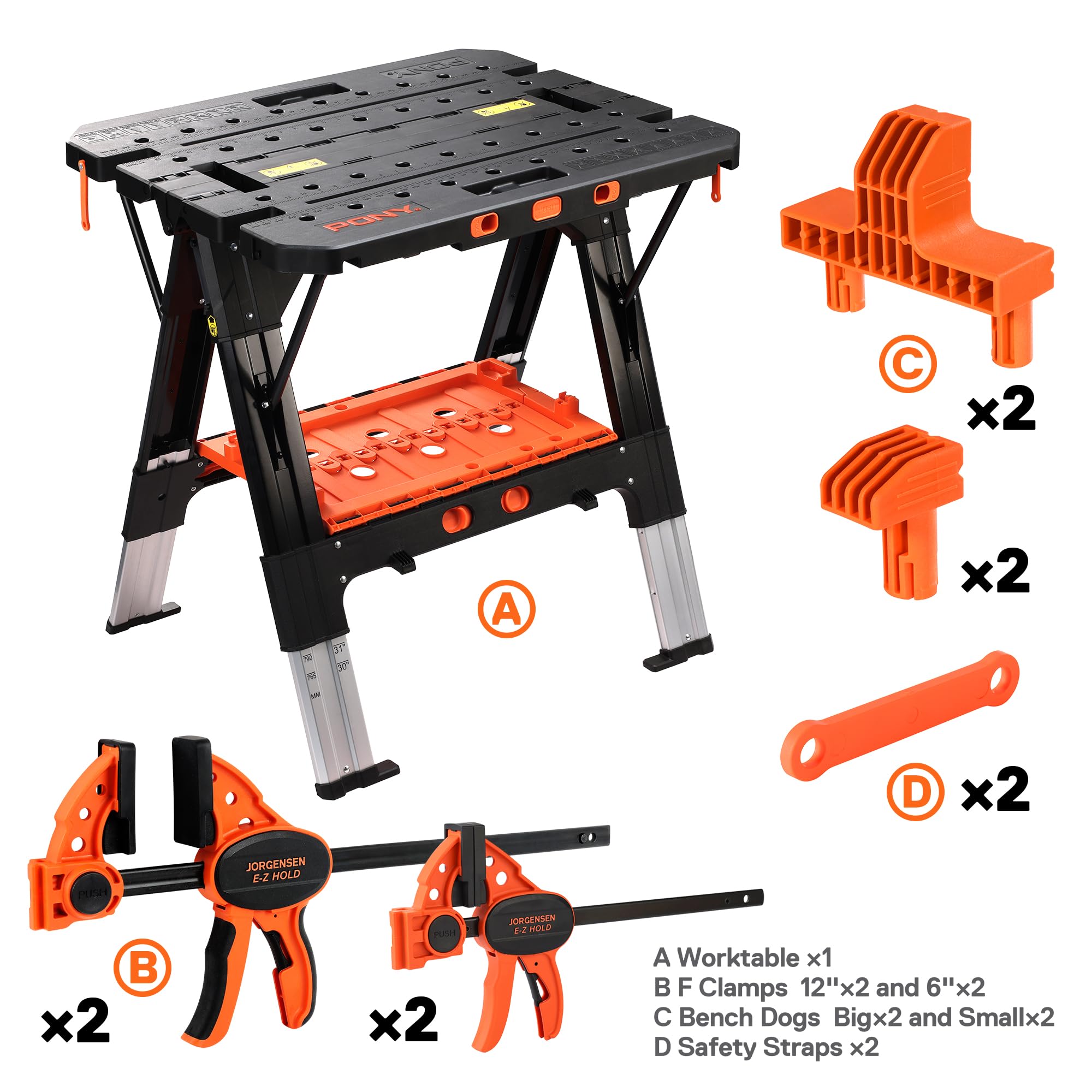 Pony Portable Folding Work Table, 2-in-1 as Sawhorse & Workbench, 31” W×25” D×25”-35”H, Large Load Capacity with 4pcs Clamps, 4pcs Bench Dogs