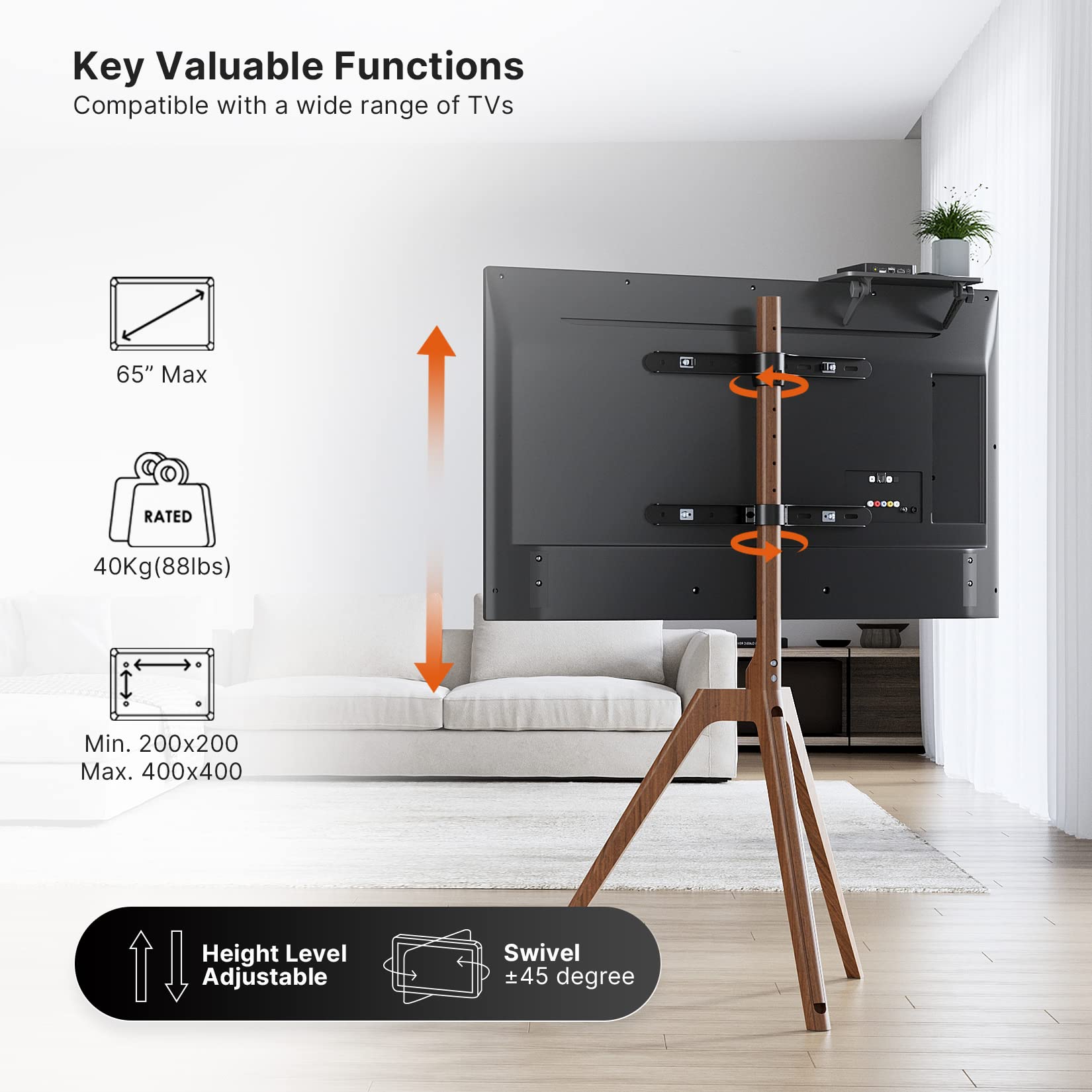 PUTORSEN Premium Wood Easel TV Stand, Adjustable TV Tripod Stand for 45-65 Inch LED LCD Screen, Swivel TV Floor Stand with Top TV Shelf and Magnetic Concealed Cable Management, Max Load 88lbs, Walnut