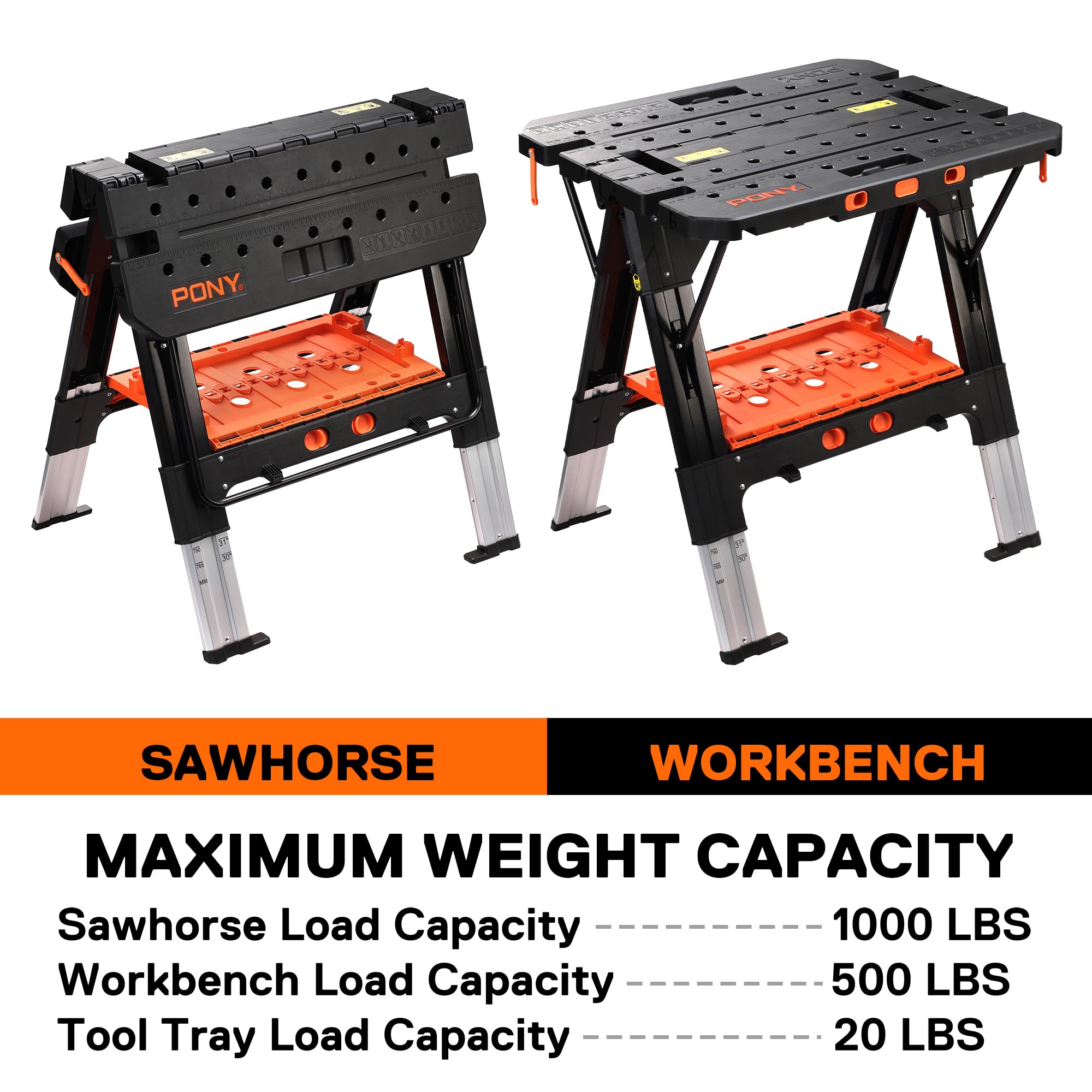 Pony Portable Folding Work Table, 2-in-1 as Sawhorse & Workbench, 31” W×25” D×25”-35”H, Large Load Capacity with 4pcs Clamps, 4pcs Bench Dogs