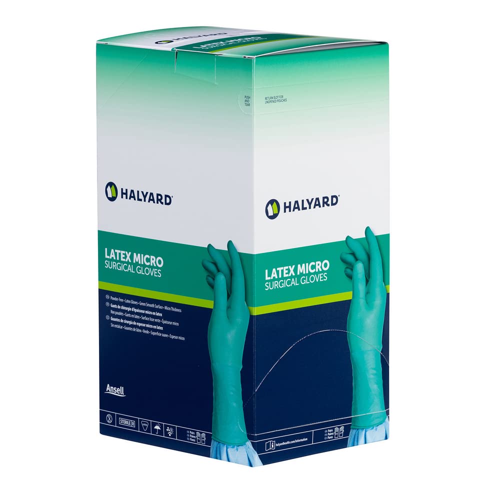 HALYARD Surgical Gloves Latex Micro Sterile Individually Wrapped Pairs Powder Free Medical Disposable Gloves, 7.5 mil, Size 5.5 XS, Teal, SGL60055 (Box of 50 Pairs - 100 Total)